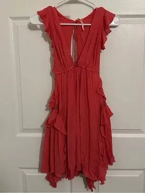 Free People | Dresses | Free People Red Oneshoulder Ruffled Mini Dress ...